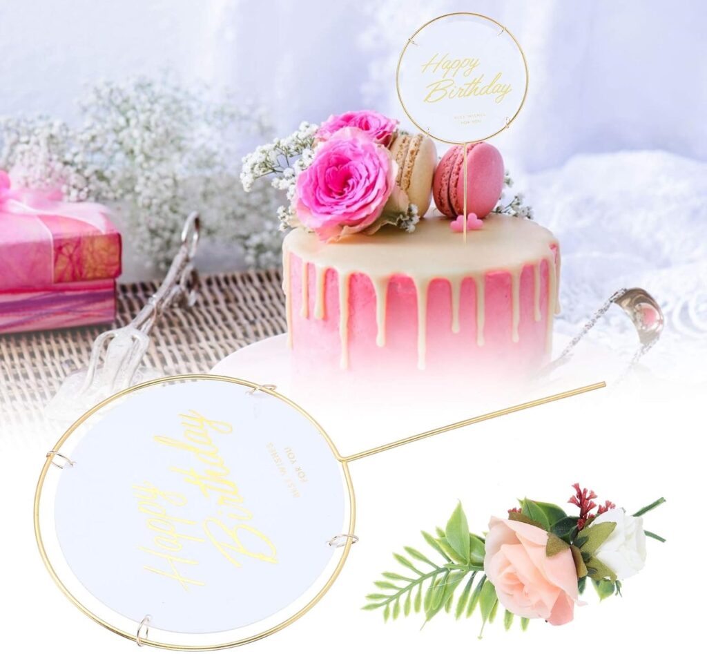 TOPPER DE GÂTEAU HAPPY BIRTHDAY ROND AVEC ROSE - Yatout Home